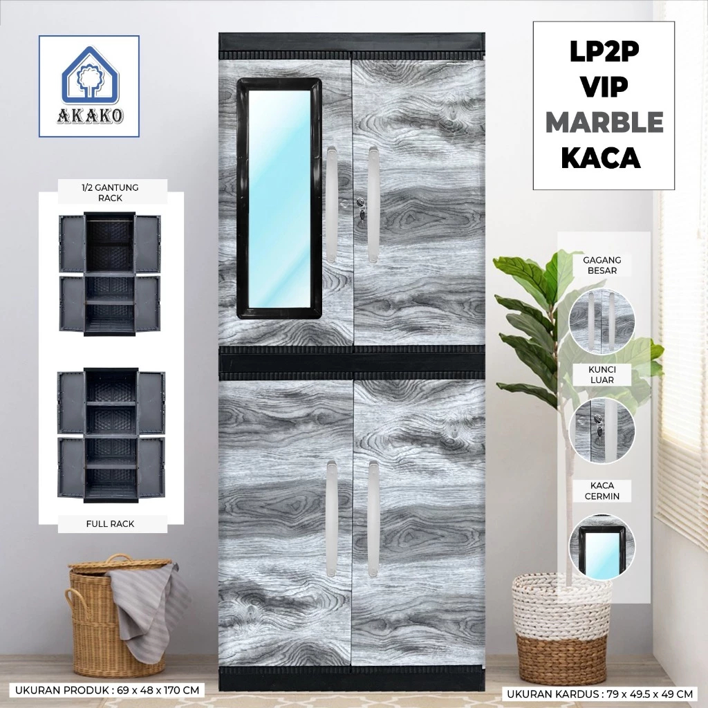 Jual AKAKO - Lemari Pakaian Plastik Jumbo LP2P VIP + Pakai Kaca Gantung / Full Rak | Shopee ...