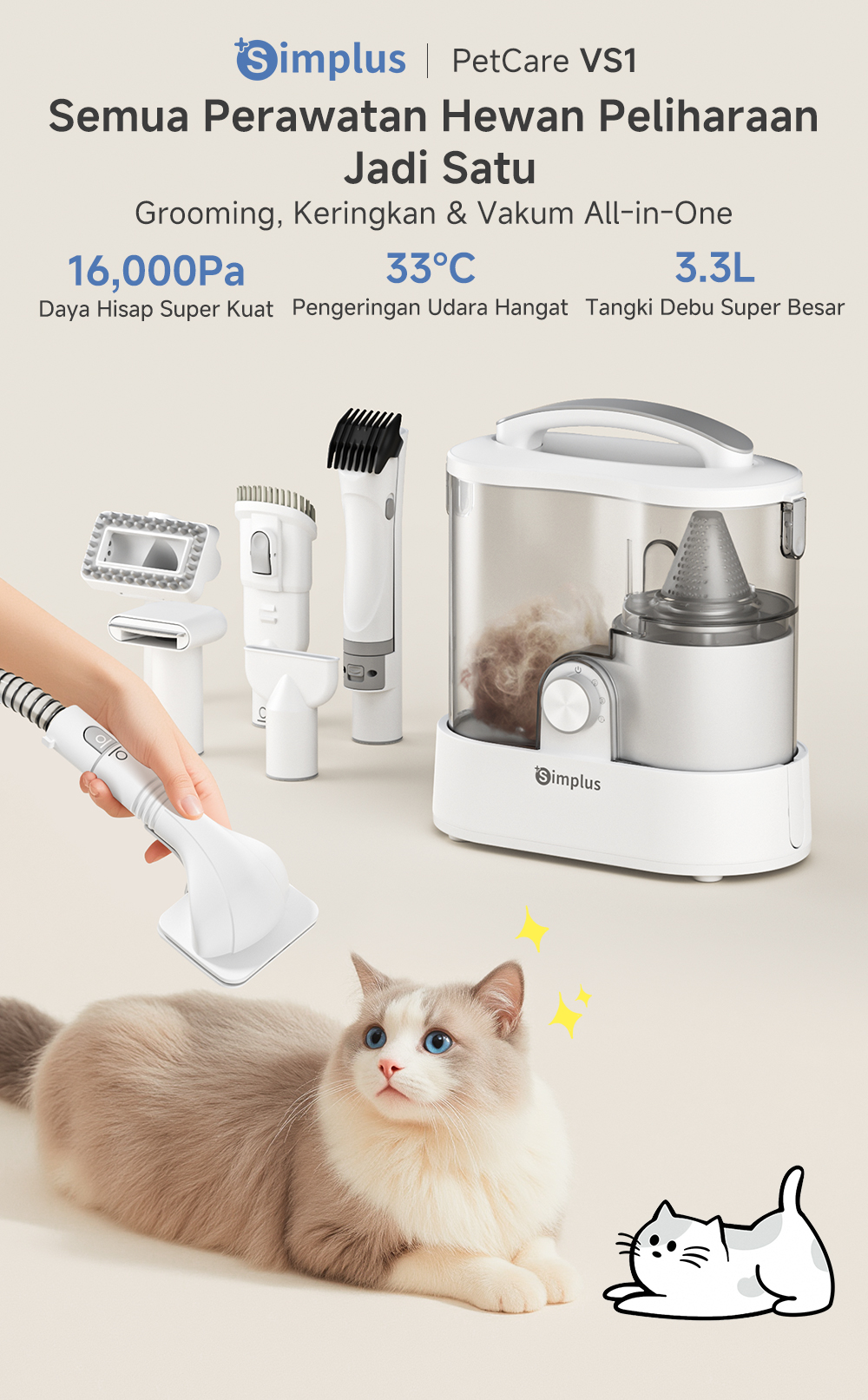 Jual Simplus Pet Grooming Set Perawatan Anjing Kucing Daya Hisap Besar 16000Pa,3.3L Tangki Super ...