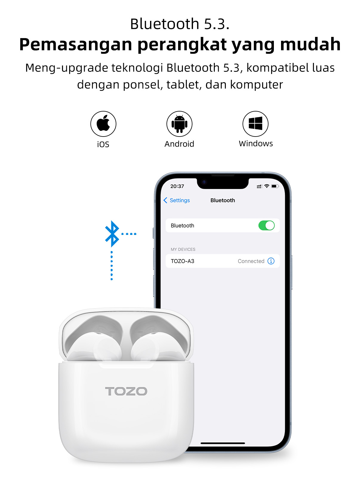 Jual (14.2mm Driver lebar) TOZO A3 Upgraded Wireless Earbuds Bluetooth 5.3 Half in-Ear ...