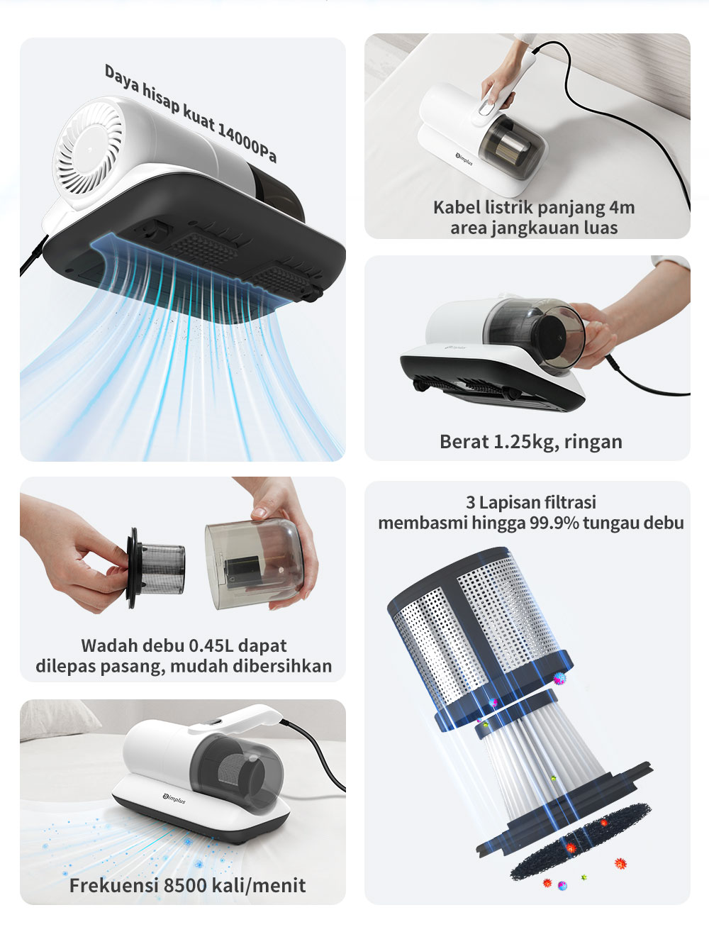 Jual Simplus Pembasmi Tungau 14000Pa Vakum Penghilang Tungau Frekuensi Tinggi Penyedot Debu ...