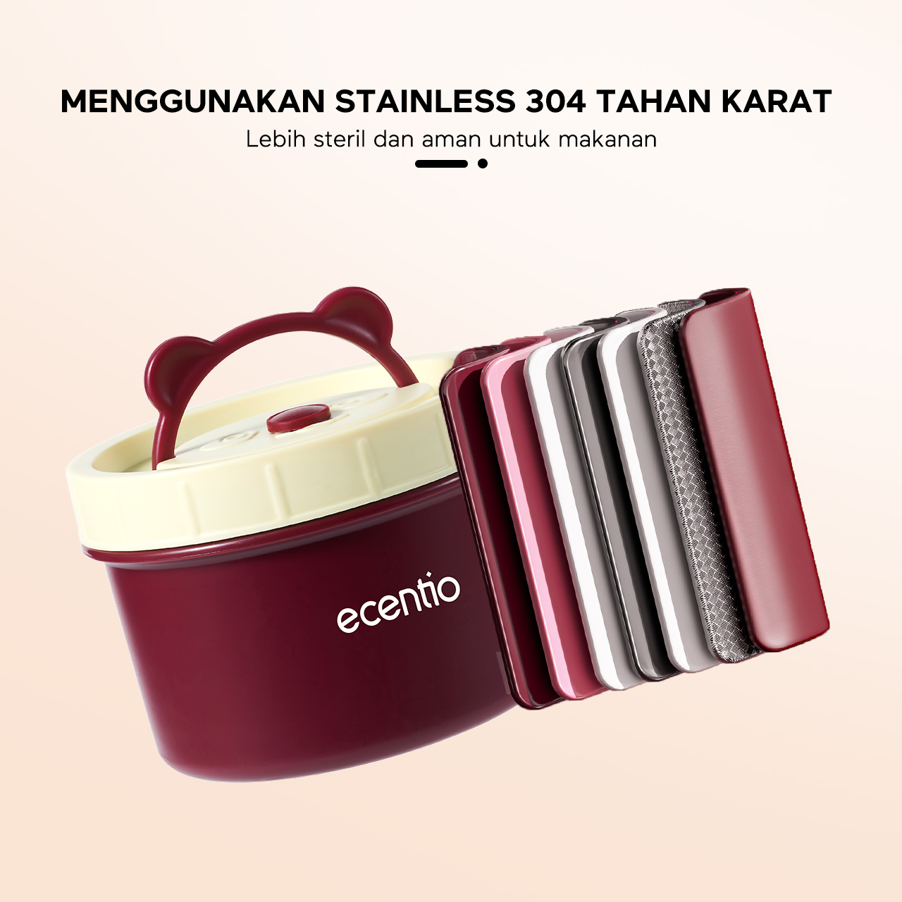 Jual ecentio lunch box tas set 3pcs merah Kotak Makan anti tumpah 304 ...