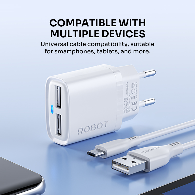 Jual ROBOT Kepala Charger Dual-Port USB-A 12W 2.4A LED Indikator with ...