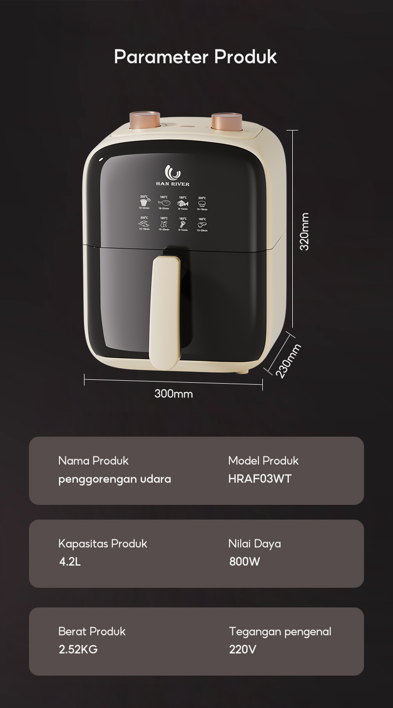 Jual HAN RIVER Air Fryer 4.2L Multifungsi Wajan Anti Lengket Bebas Minyak Low Watt 800 Watt ...
