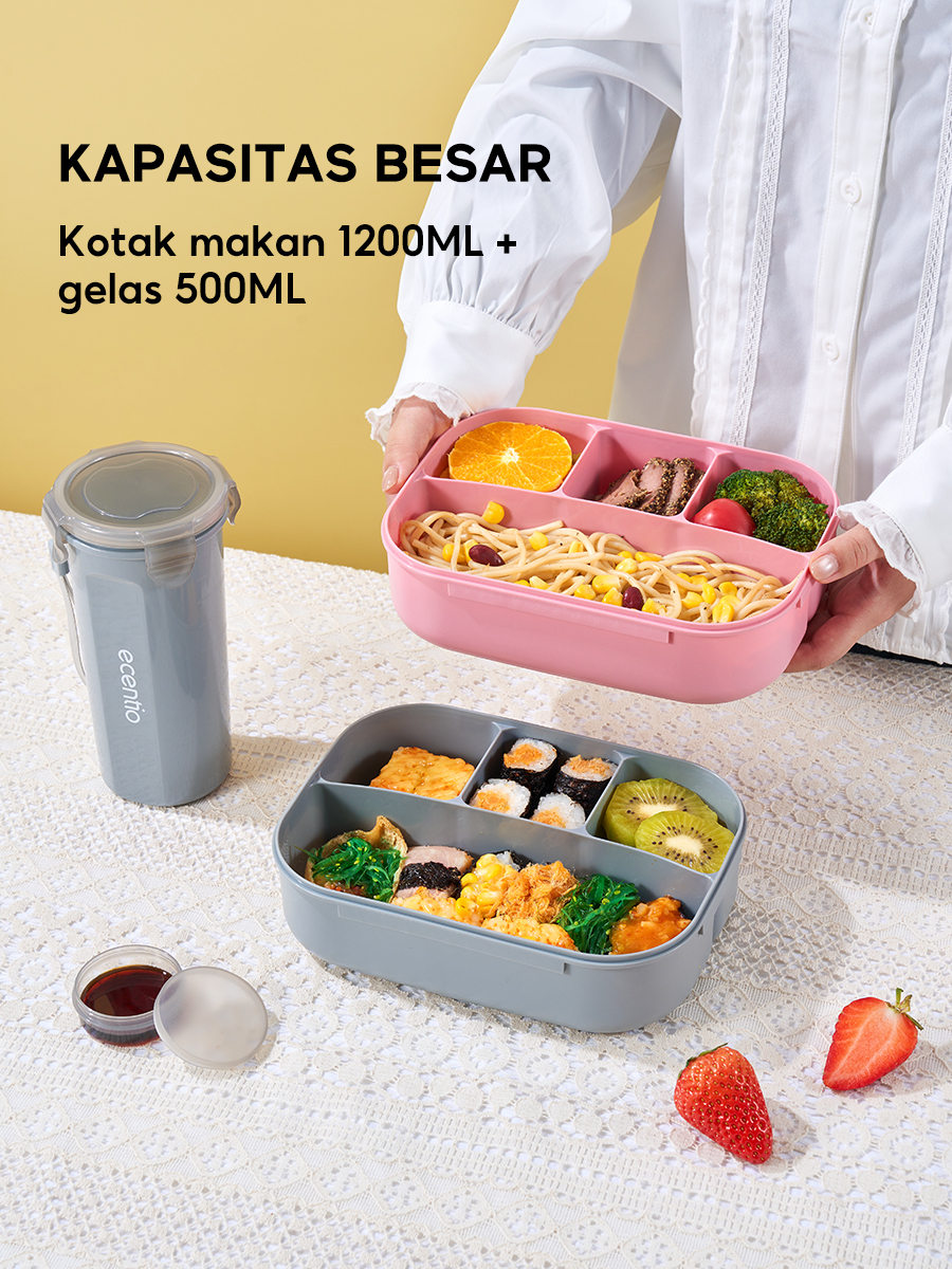 Jual ecentio kotak bekal anti tumpah kotak tempat bekal 1200ml+500ml lunch box set free sendok ...