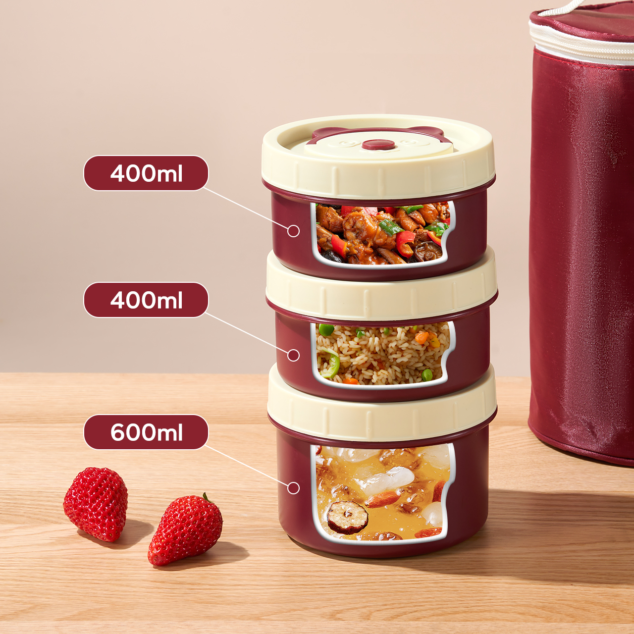 Jual ecentio lunch box tas set 3pcs merah Kotak Makan anti tumpah 304 Stainless Steel tas bekal ...