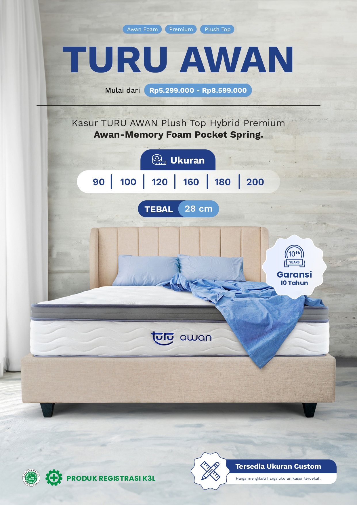 Jual Kasur TURU AWAN Plush Top Hybrid Premium Awan Memory Foam Pocket Spring - Medium Soft Plush ...