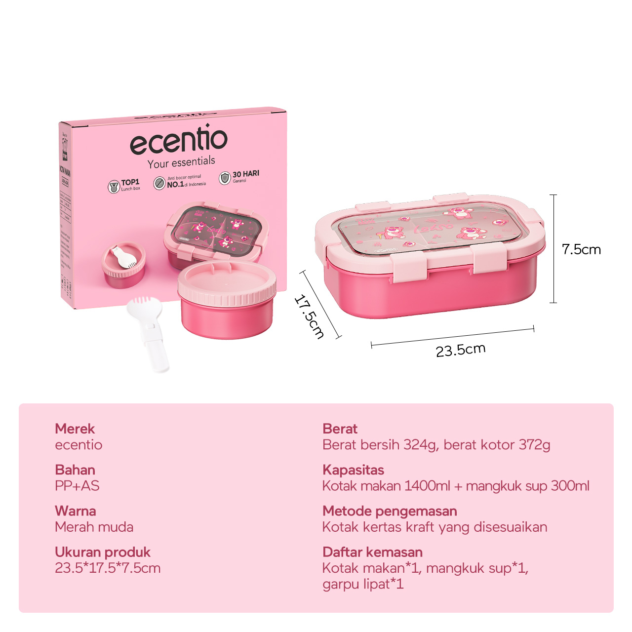 Jual 【New Launch】ecentio tempat makan anak lunch box 4 Gird 1400ml ...