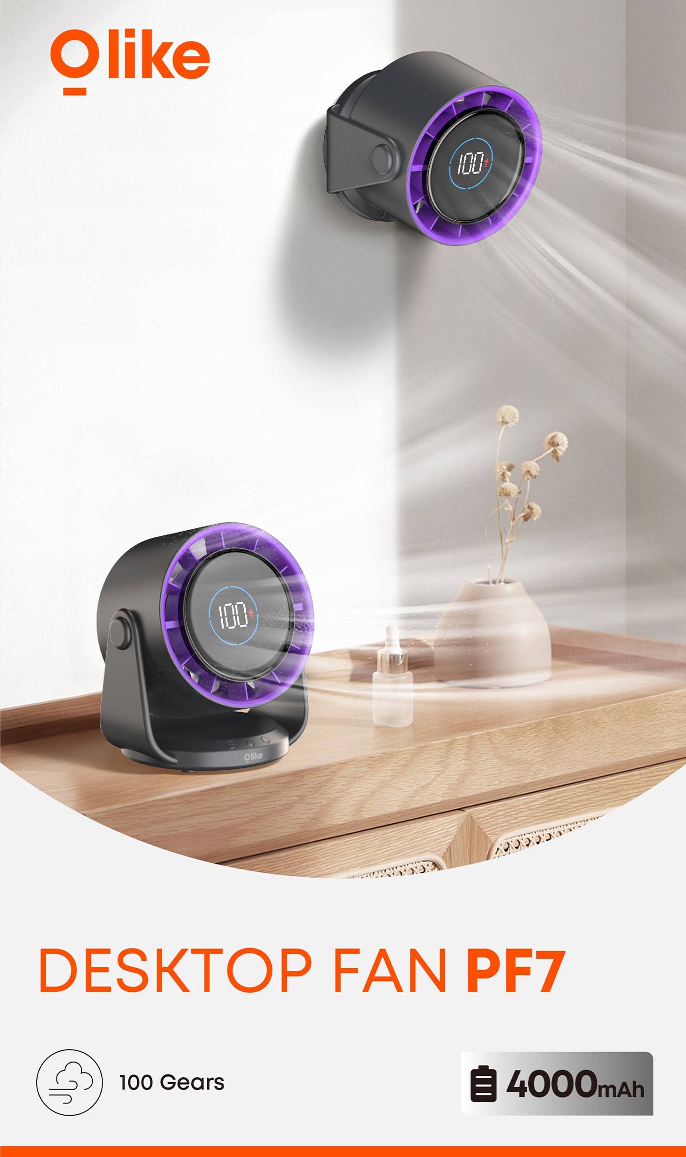 Jual OLIKE Desktop Fan PF7 4000 mAh 100 Gears (Mode Kecepatan) | Kipas ...