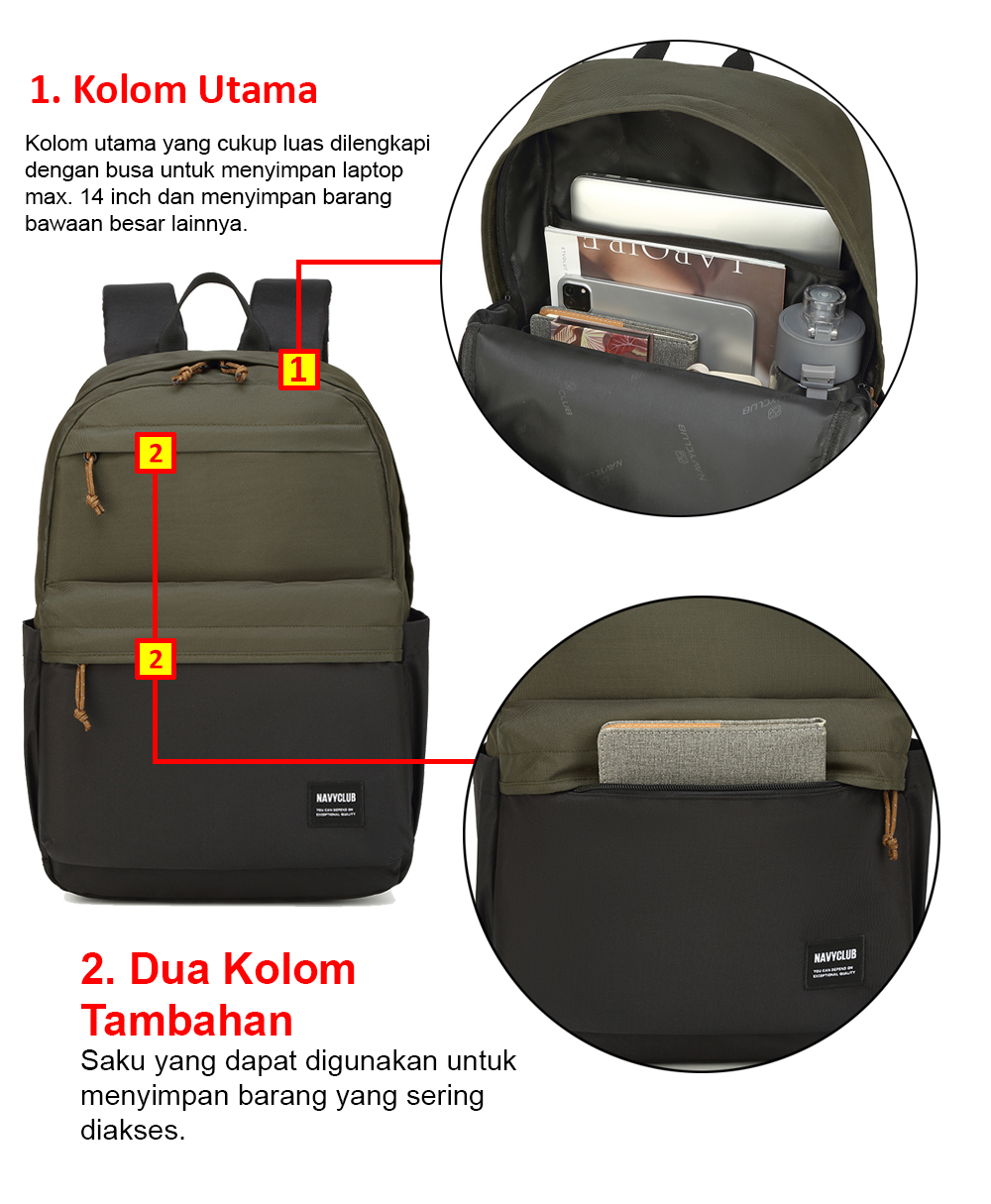 Jual Navy Club Tas Ransel Laptop Kasual EIBB - Backpack Daypack Up to 14 inch Tas Pria Wanita ...