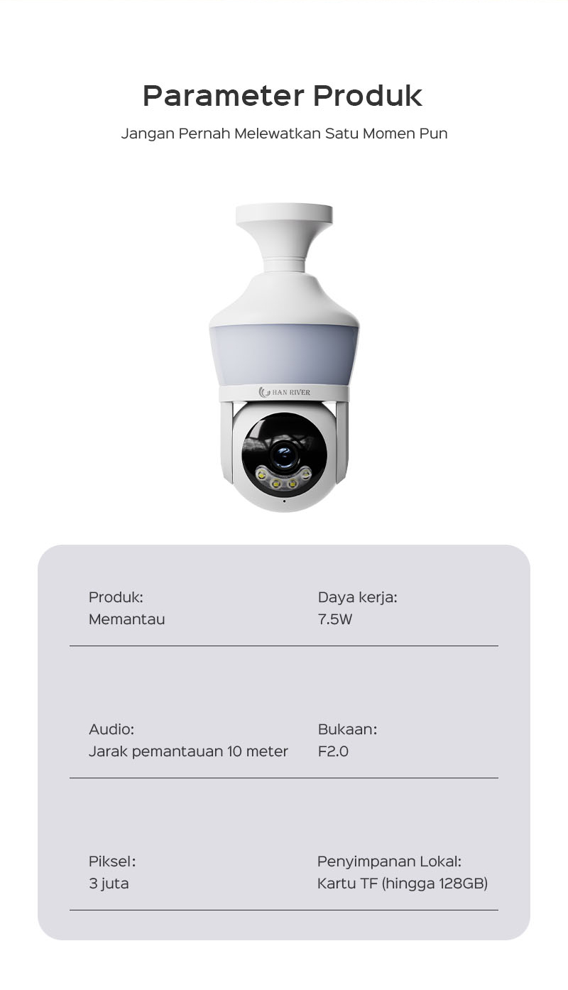 Jual HAN RIVER Smart Lampu Camera CCTV 3MP HD 360° PTZ View Wifi Smart ...
