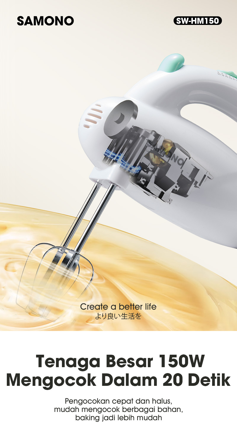 Jual SAMONO Hand Mixer 150 Low Watt Tempat Penyimpanan 5 Kecepatan Garansi 1 Tahun SW-HM150 ...
