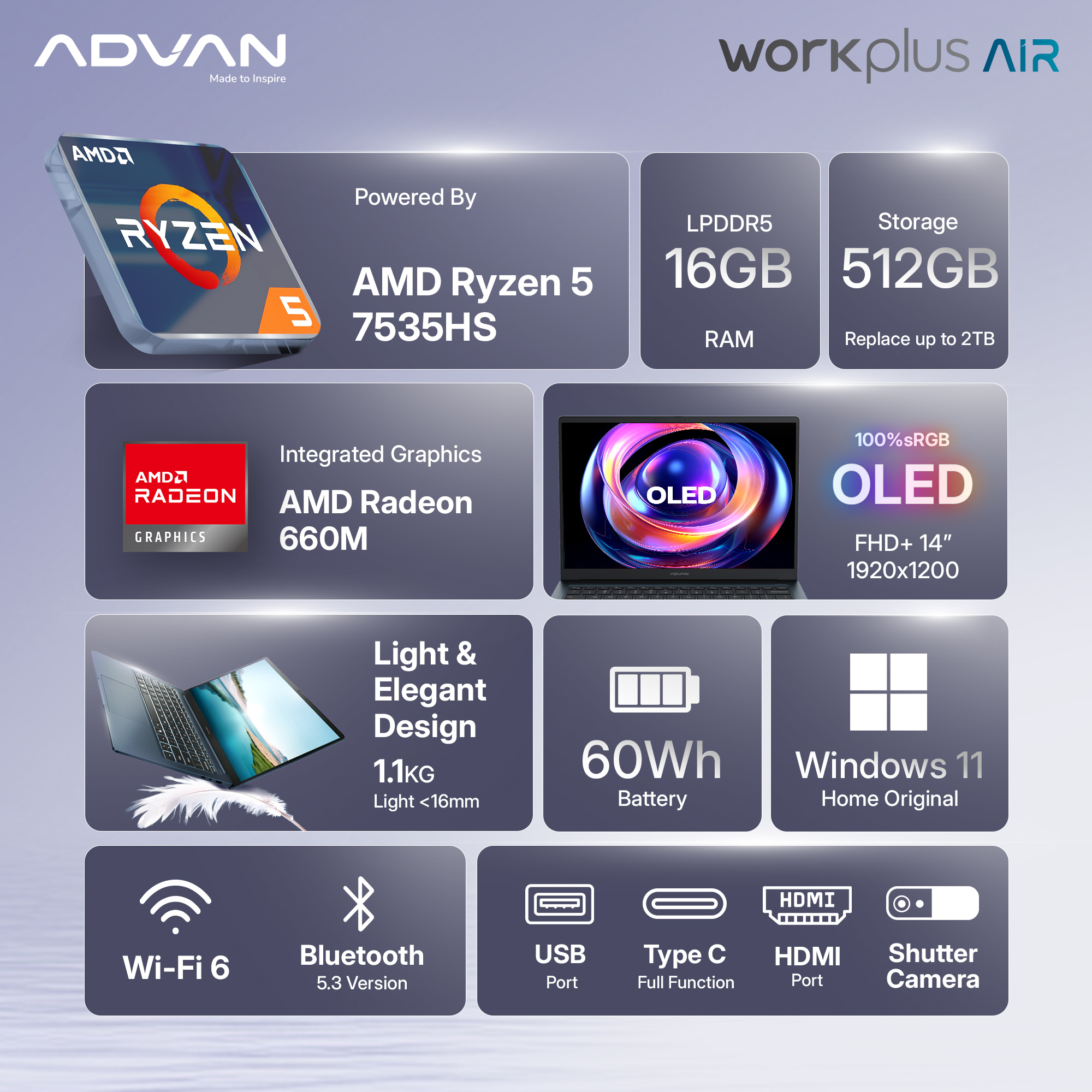 Jual [NEW LAUNCH] ADVAN Laptop Workplus AIR | AMD Ryzen 5 7535HS | 14 inch OLED Full HD+ ...