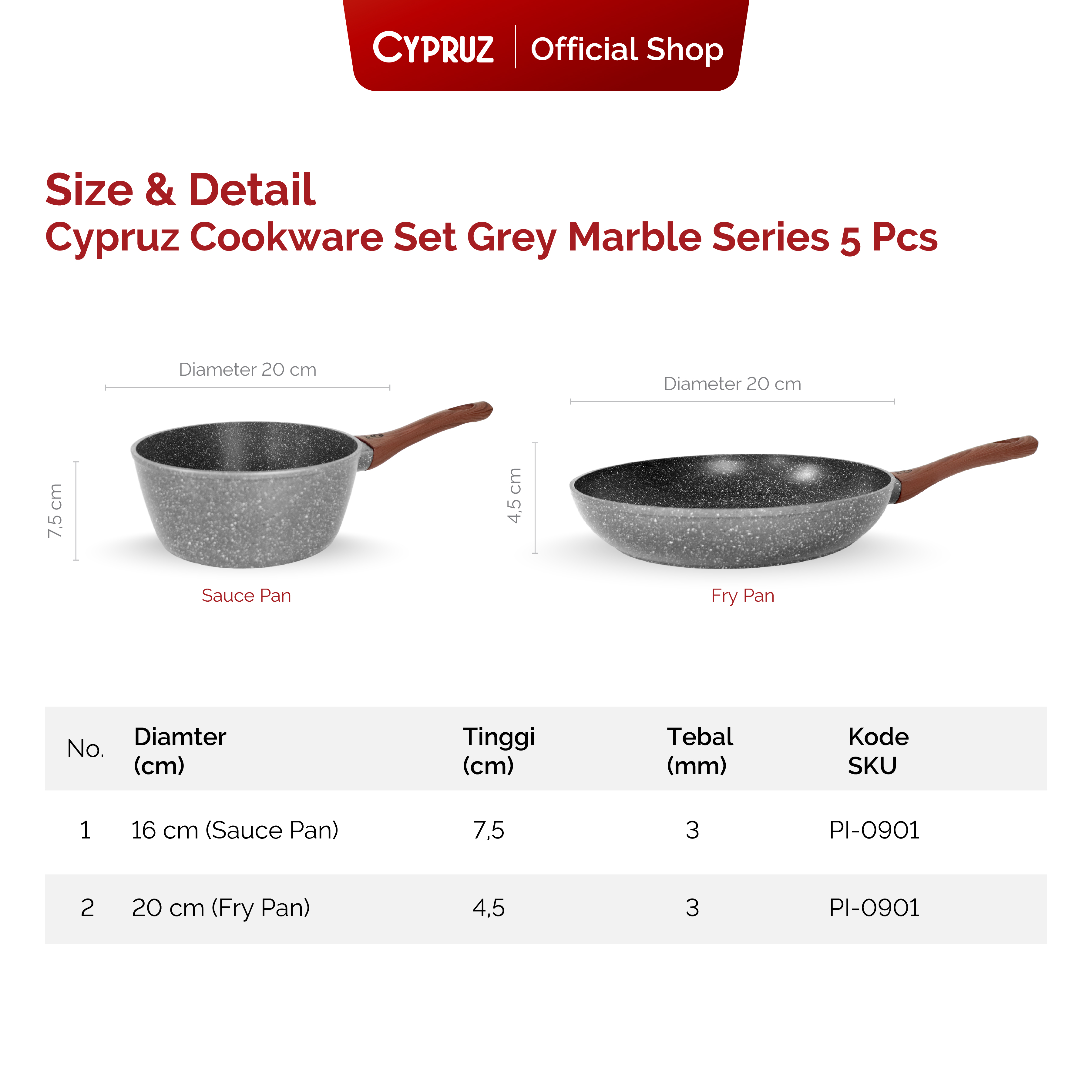 Jual Cypruz Cookware Set Grey Marble Series Panci Set Anti Lengket ...