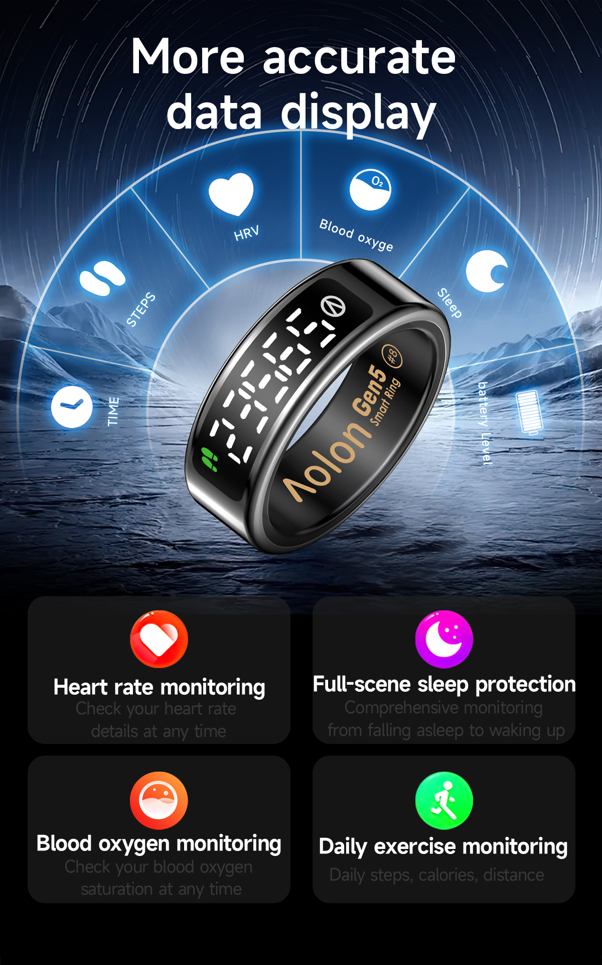 Jual Aolon Ring Gen5 Smart Ring Layar LCD Multifungsi Detak Jantung ...