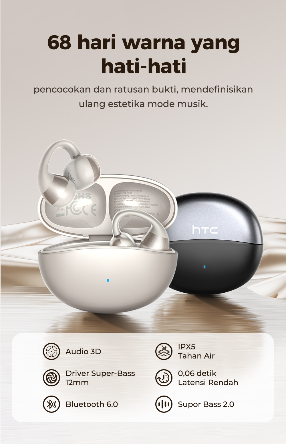 Jual HTC NE56 True Wireless Bluetooth Earphone Ear Clips Bone Conduction Headset On-Ear TWS ...
