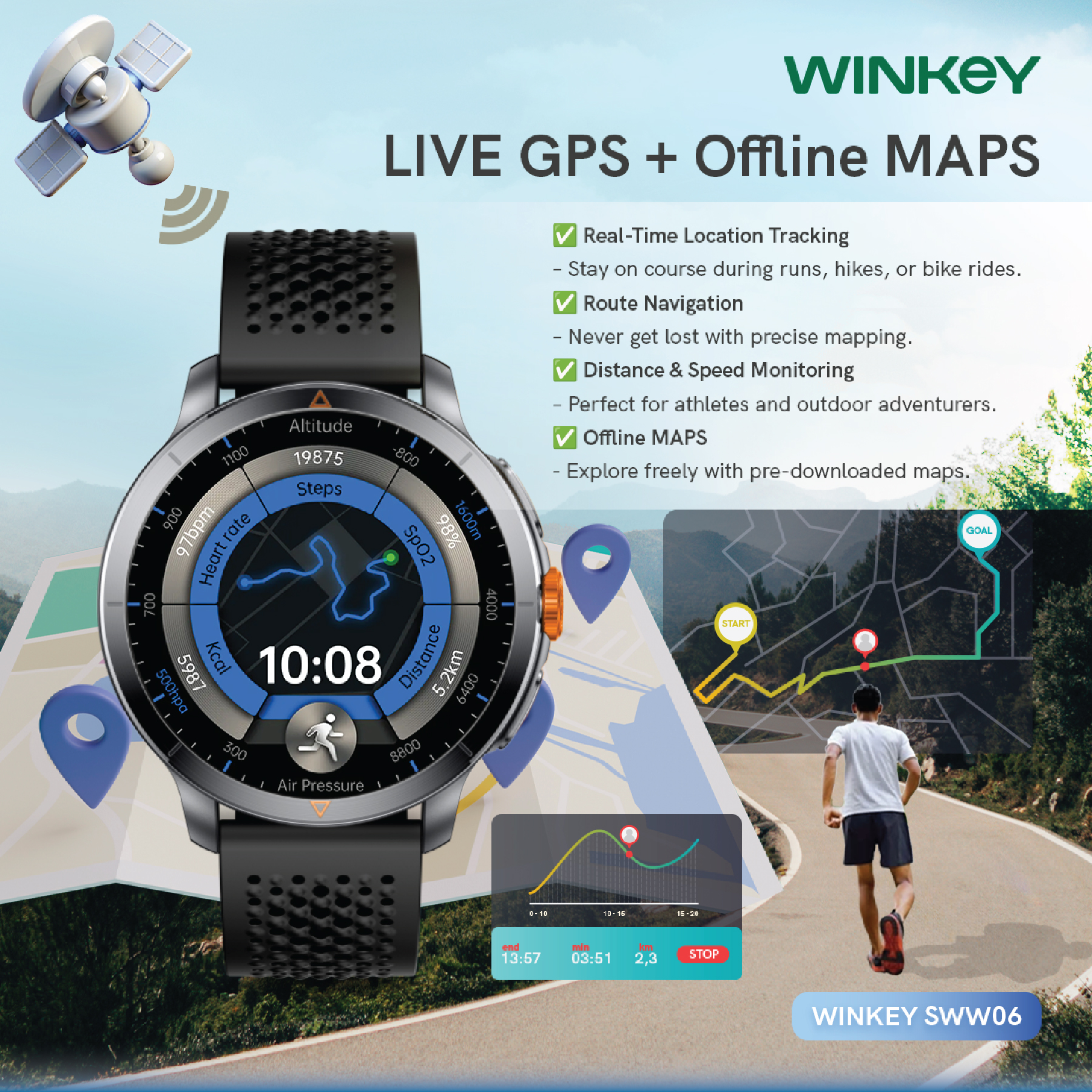 Jual WINKEY Smartwatch Running NaviGO PRO STRAVA Built in GPS Offline ...