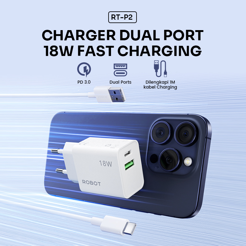 Jual ROBOT Adapter Charger Fast Charging 20W Dual Port USB-A USB-C FREE ...