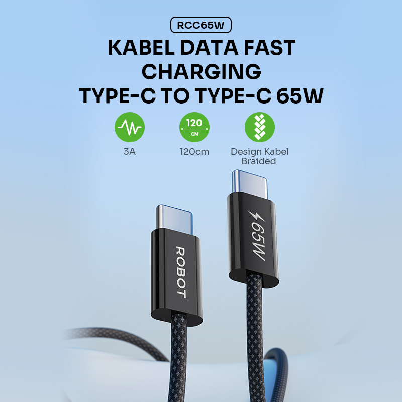 Jual ROBOT Data Cable 3A Fast Charging Kabel Data Charger Type C-to-C ...