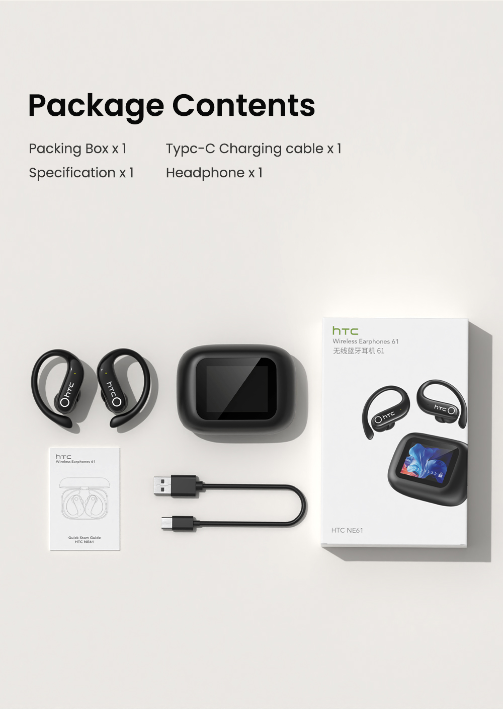 Jual HTC NE61 AI Earphone TWS Bluetooth Open Ear Headset Layar LCD ...