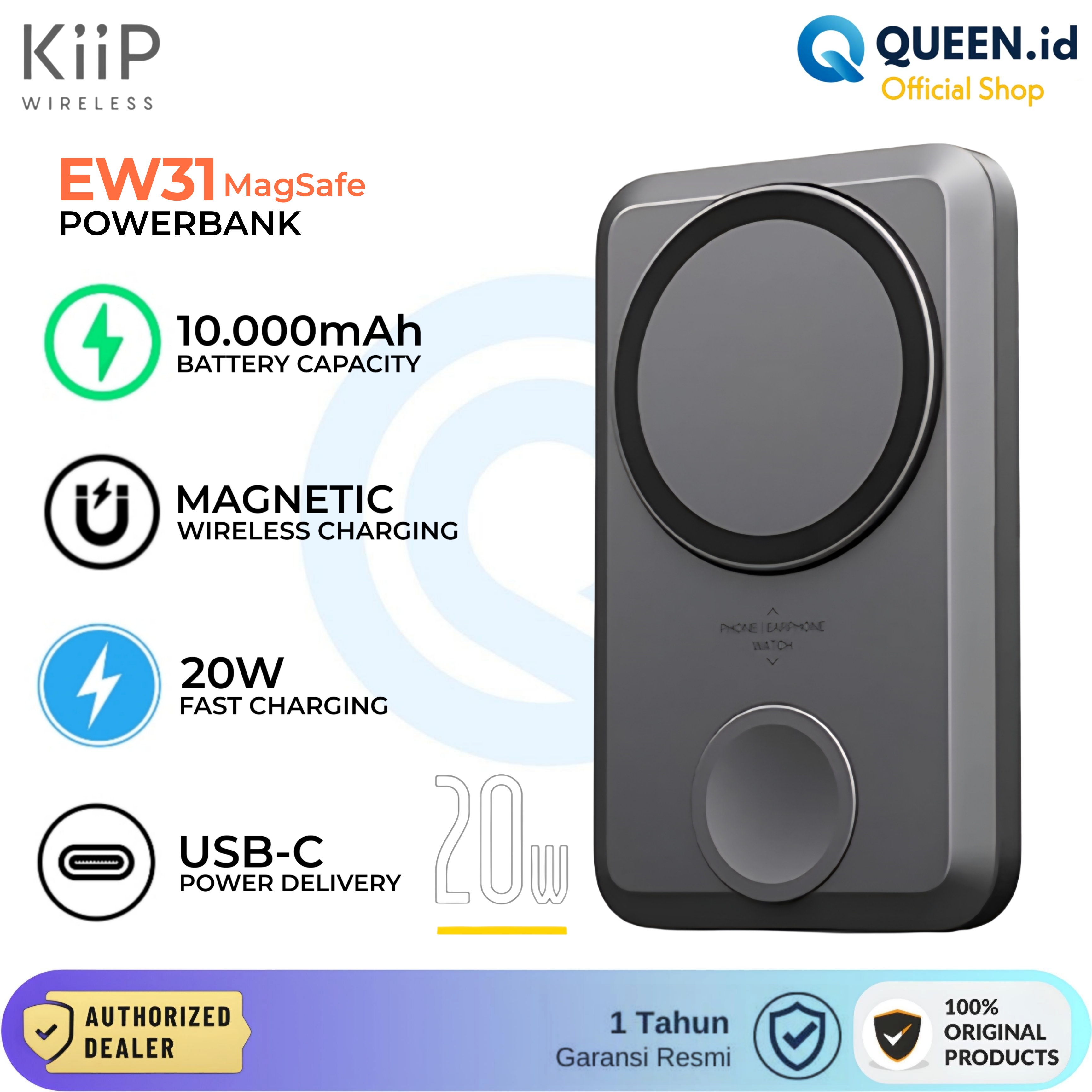 Jual KIIP EW31 Powerbank 10000mAh 20W USB TYPE C PD QC Wireless Wired ...
