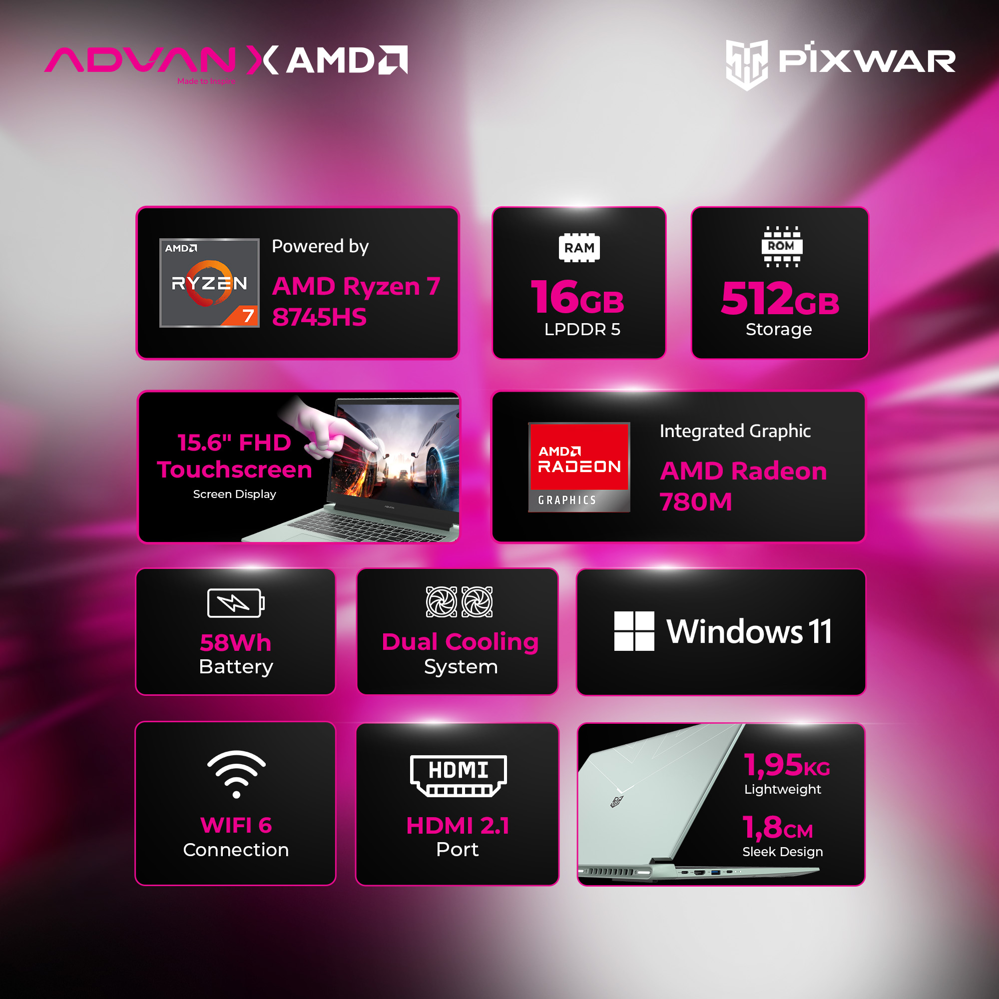 Jual ADVAN Laptop Gaming Pixwar Touchscreen | Ryzen 7 8745HS / 6800H ...