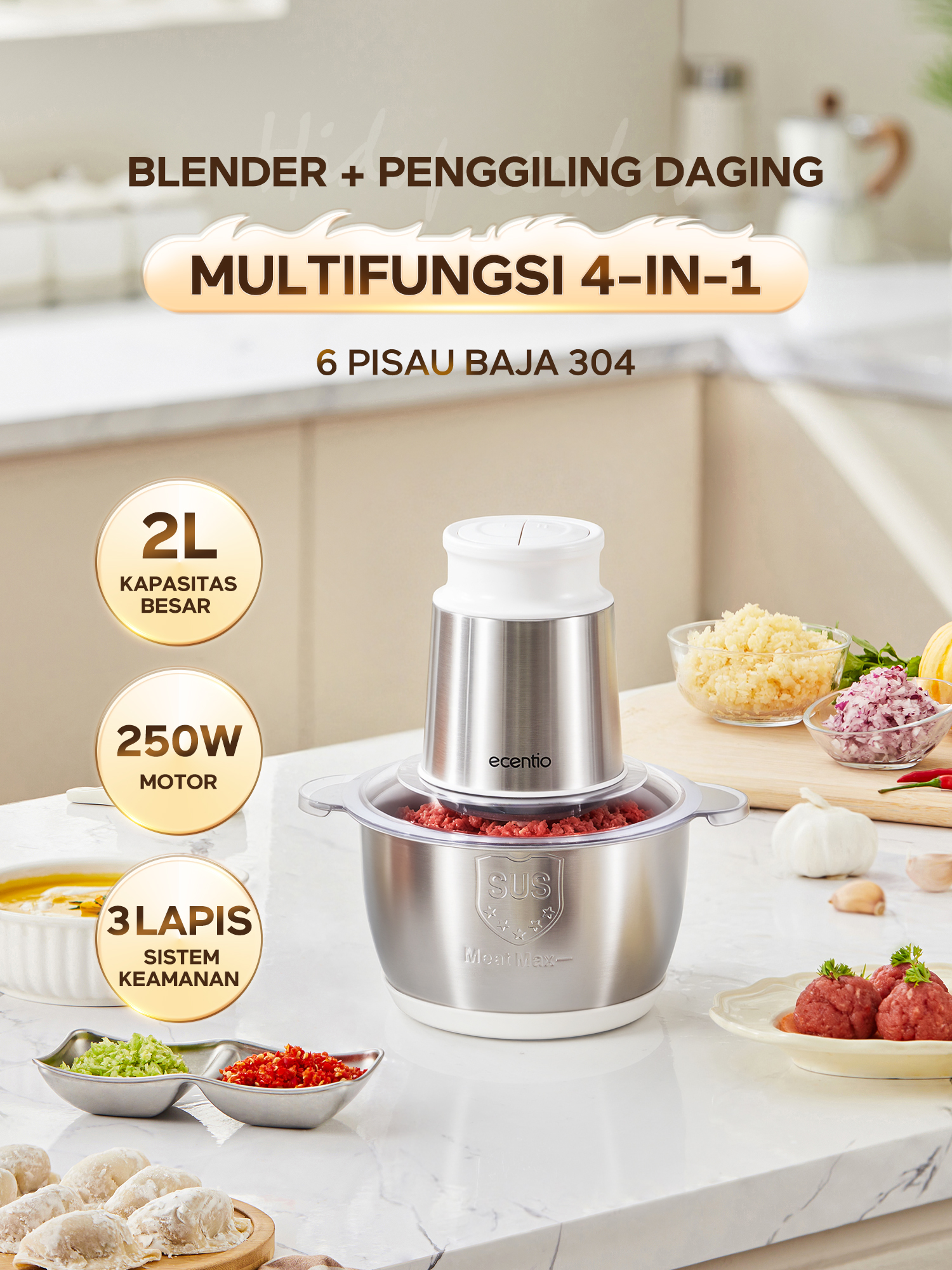 Jual ecentio food chopper stainless coper daging dan bumbu 2L food ...