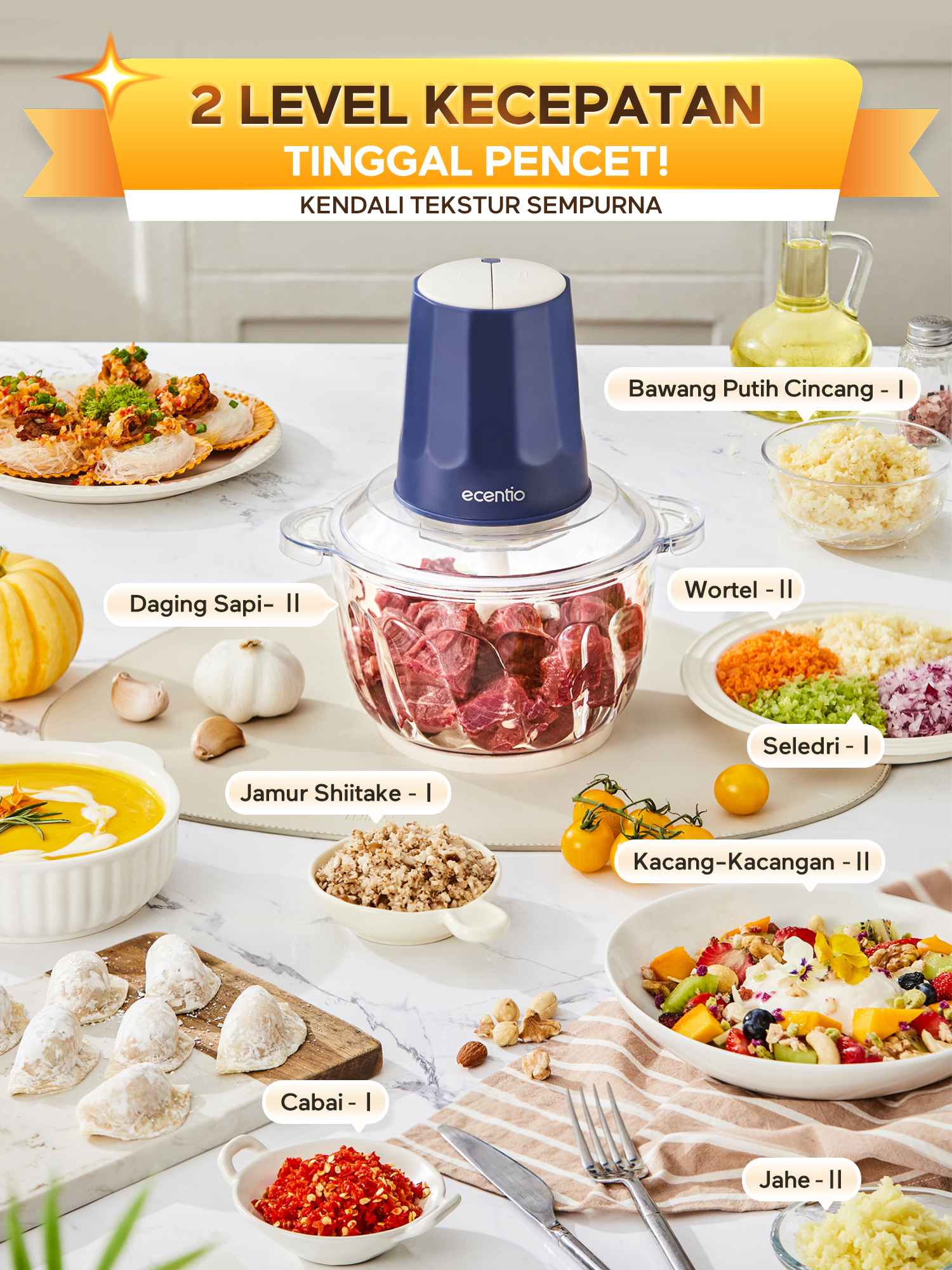 Jual ecentio penggiling daging blender 2L chopper daging dan bumbu 6 ...