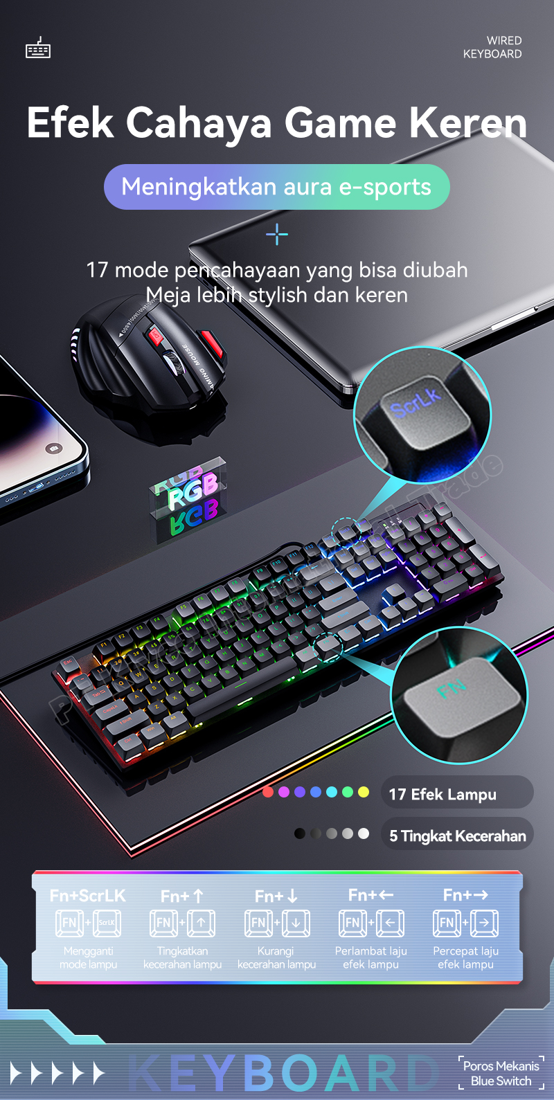 Jual OLYPS Keyboard Mechanical Keyboard Gaming RGB Backlit Wired Blue ...