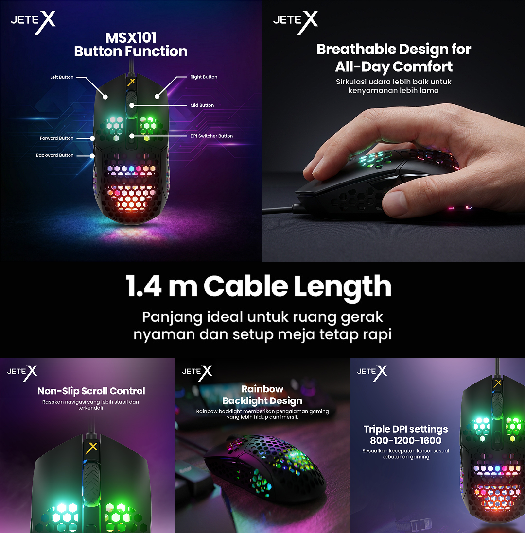 Jual JETE MSX101 Mouse Gaming Wired Mouse Kabel 1600 DPI Lightweight ...