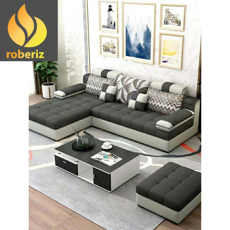 Jual KURSI SOFA L SHAPE MINIMALIS + 1 STOOL BESAR | Shopee Indonesia