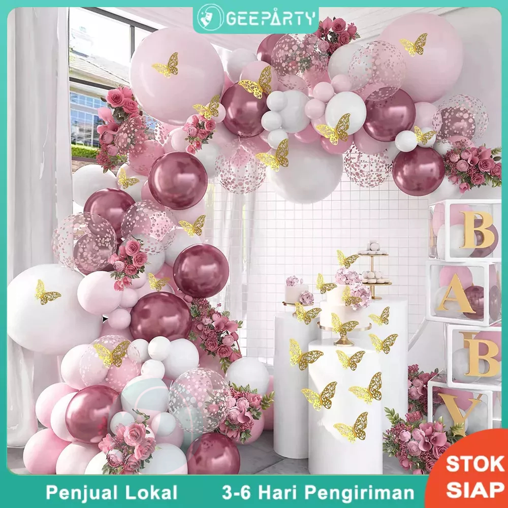 Jual 106 pcs Garland Balon Merah Muda Stiker Kupu-kupu Gadis Ulang ...