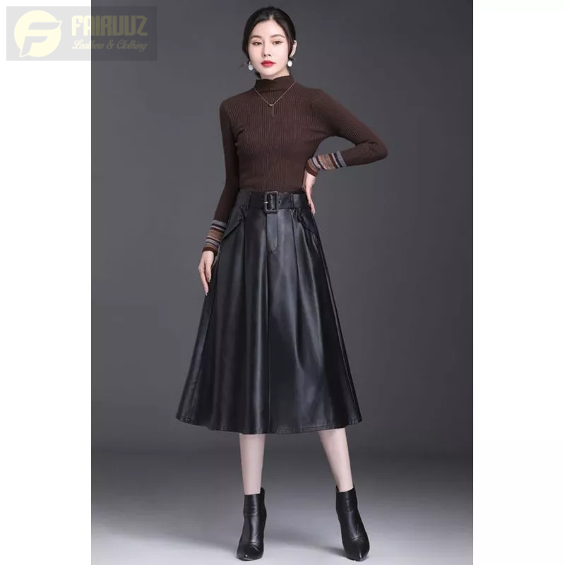 Jual Rok Kulit PU Panjang Rok Midi Payung Selutut Rok Wanita Long ...