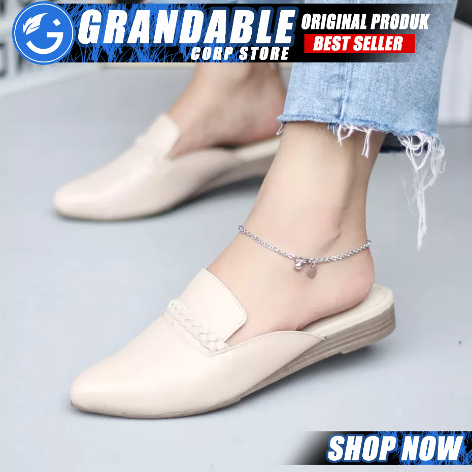 Jual Sepatu Sandal Bustong Flatshoes Formal Kekinian Kulit Asli Hitam Wanita - DEROSI | Shopee ...