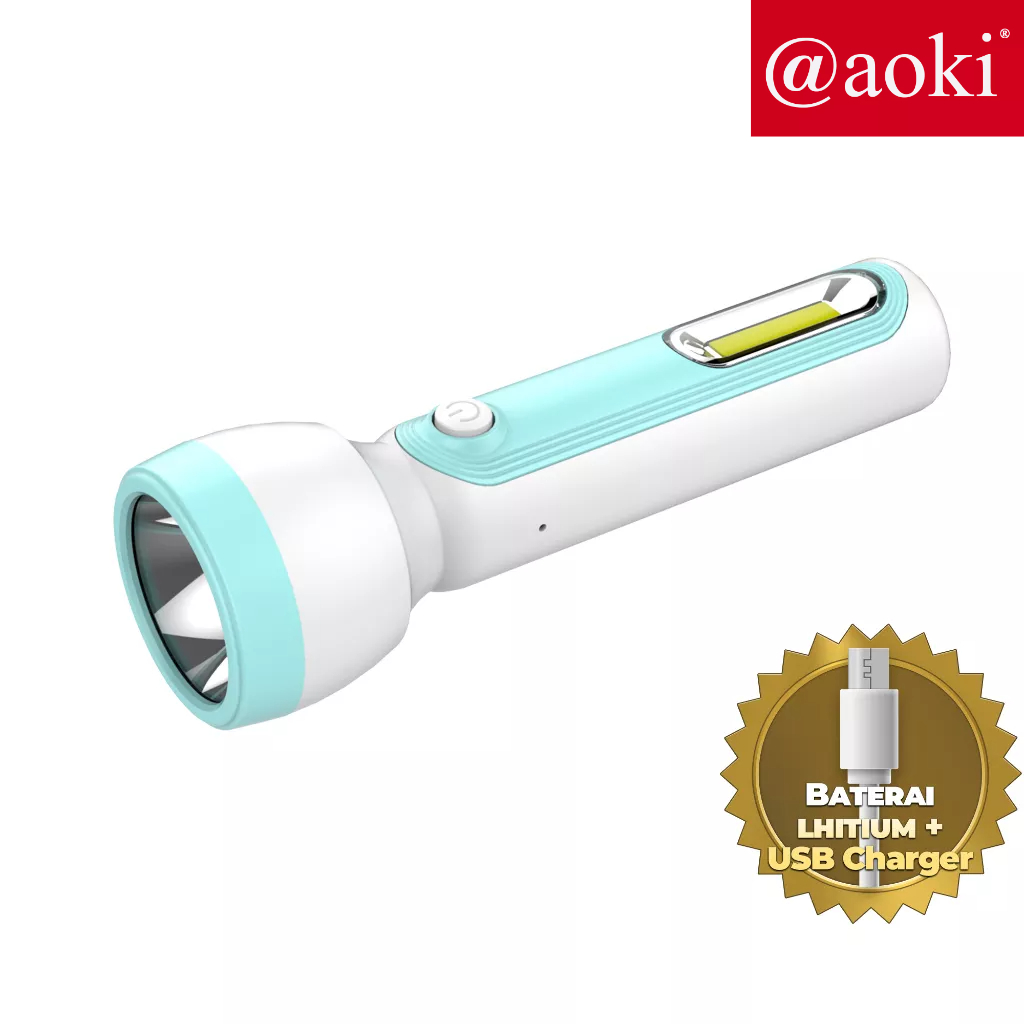 Jual AOKI Senter tangan LED 10W+COB Baterai lhitium USB charging Terang ...