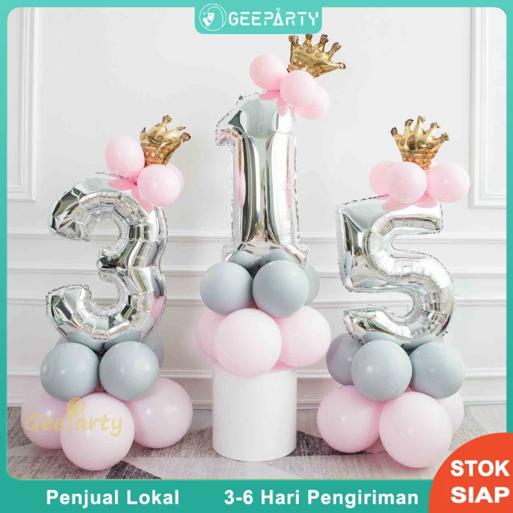 Jual 17 pcs Balon Nomor Angka Mahkota Abu-abu Merah Muda Set Untuk ...