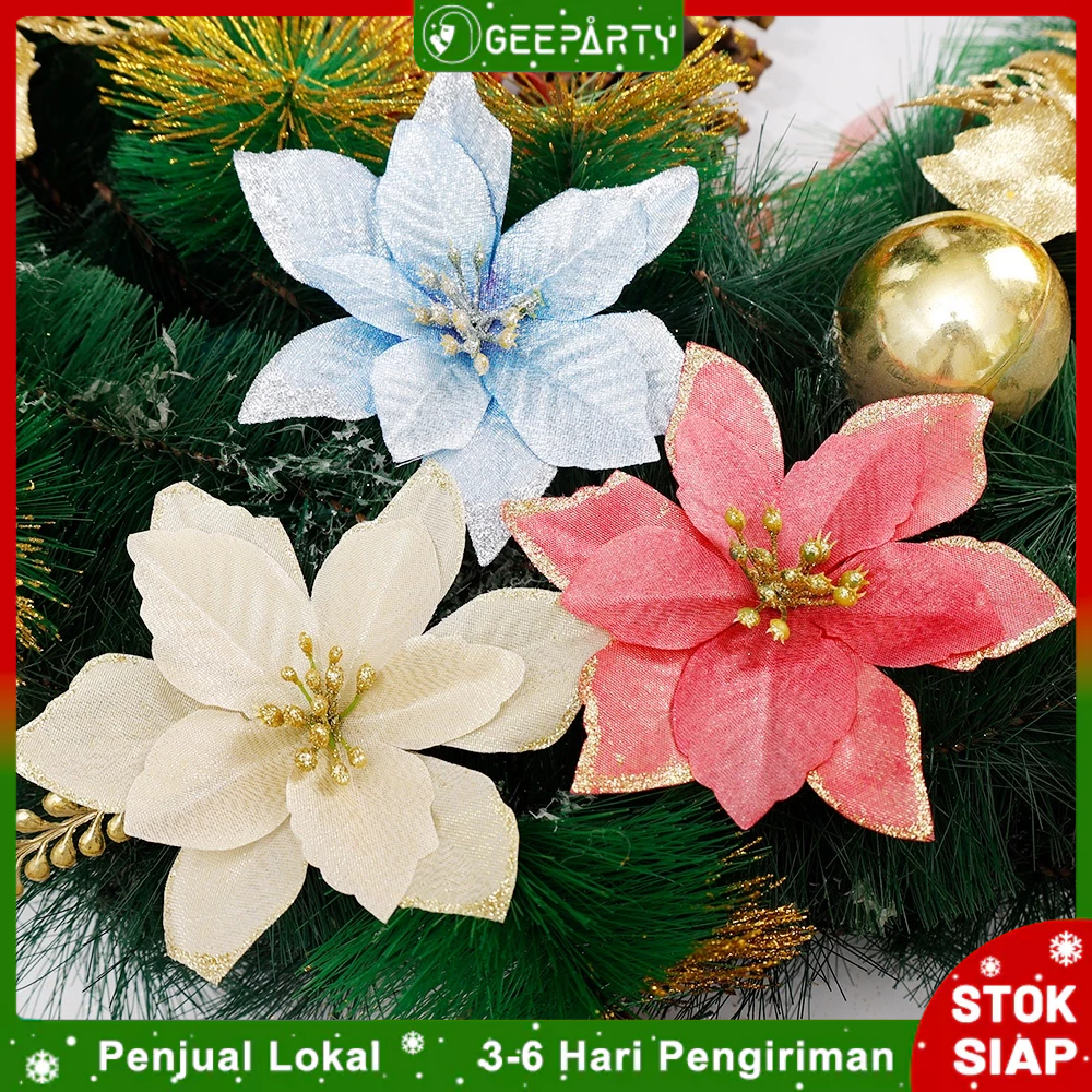 Jual 10 Pcs Natal Bunga Glitter Besar Pengaturan Emas Perak Bunga Sutra ...