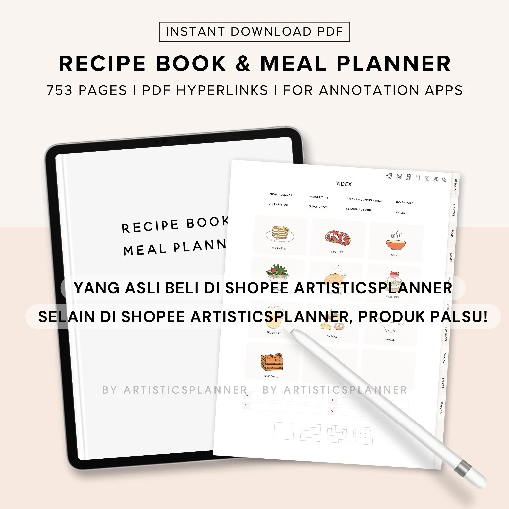 Jual Recipe Book Meal Planner Hyperlinked | Planner Digital Annotation ...
