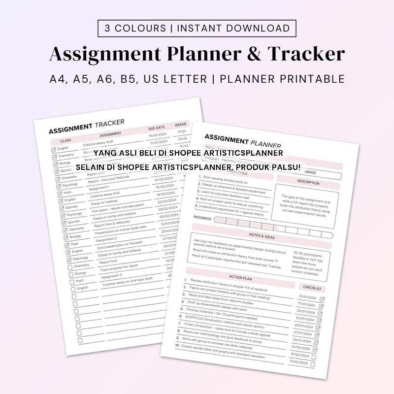 Jual Assignment Tracker | Assignment Planner Printable | Homework ...