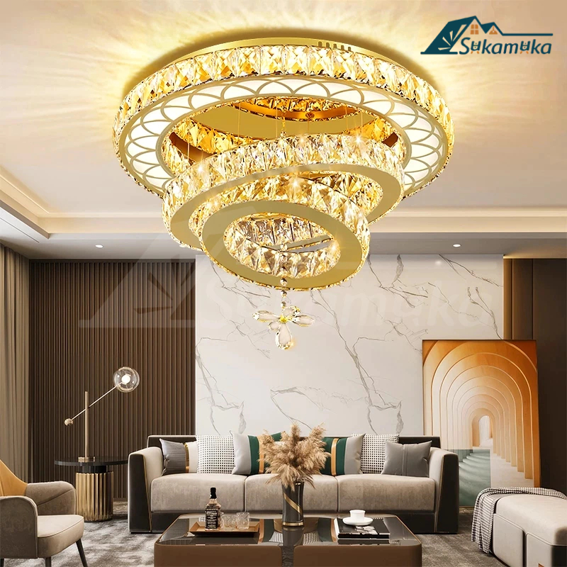 Jual Lampu Gantung Kristal Ruang Tamu Remote Control dekorasi Cahaya ...