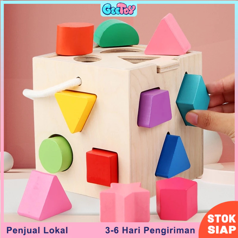 Jual GeeToy Mainan Montessori 13 Lubang Kotak Bentuk Penyortir Kayu ...
