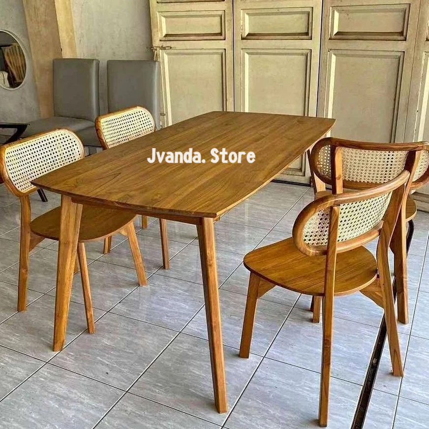 Jual Set Meja makan aestetic kayu kombinasi rotan non finishing | Shopee Indonesia