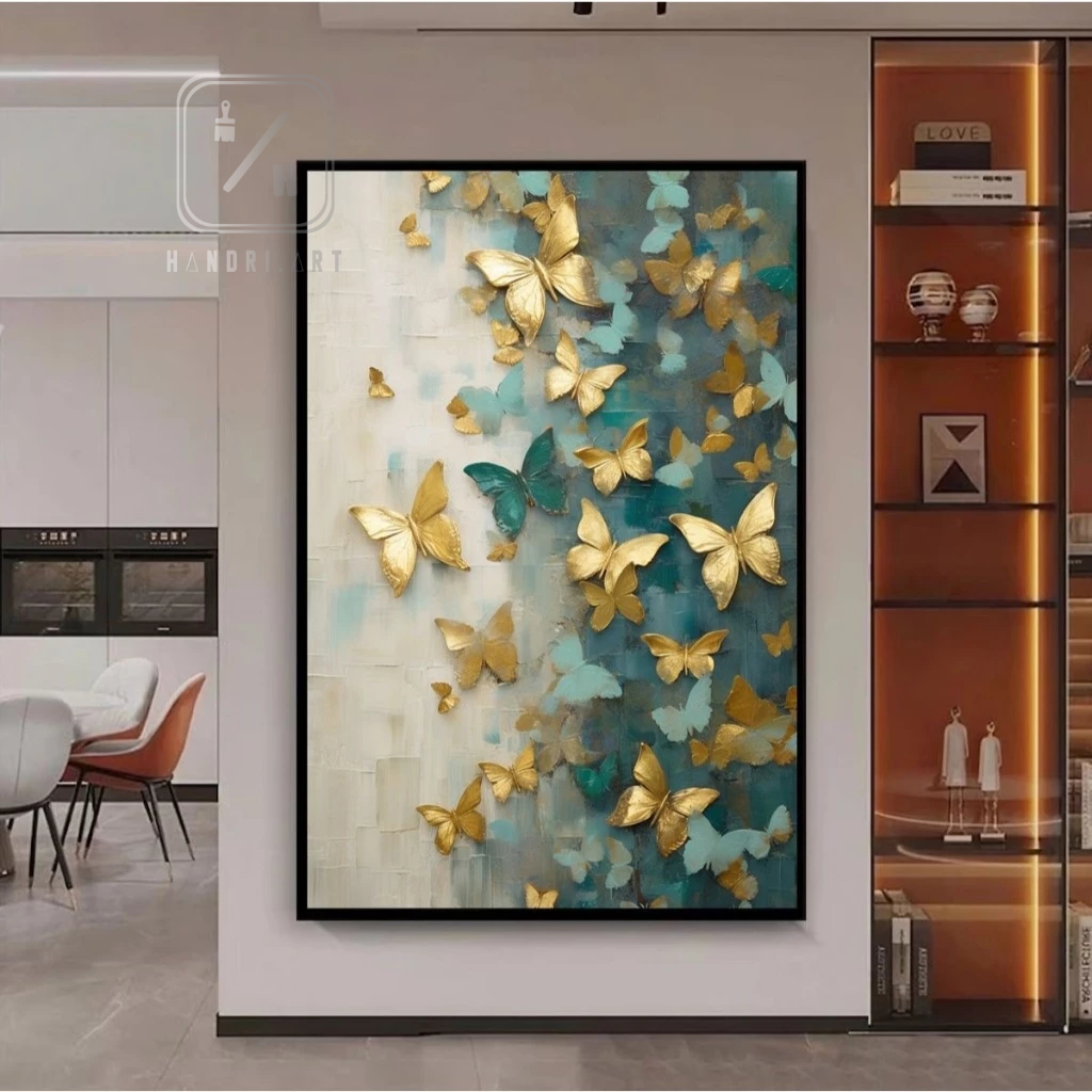 Jual Lukisan Bunga Abstrak Gold Hijau Minimalis Realis full Texture ...