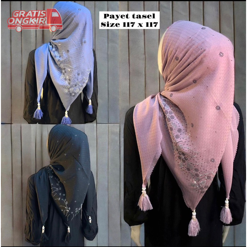 Jual good quality kerudung pesta segi empat payet tasel butik Size 117 x 117cm,hijab payet tasel ...