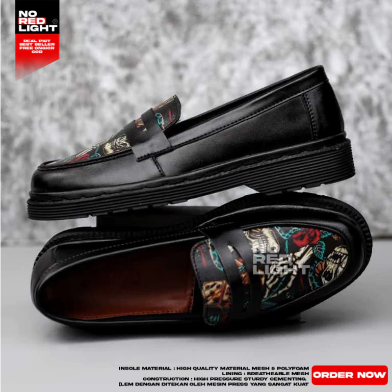 Jual Sepatu Loafers Docmart Pria Pantofel Hitam Tribal Skull | Shopee ...