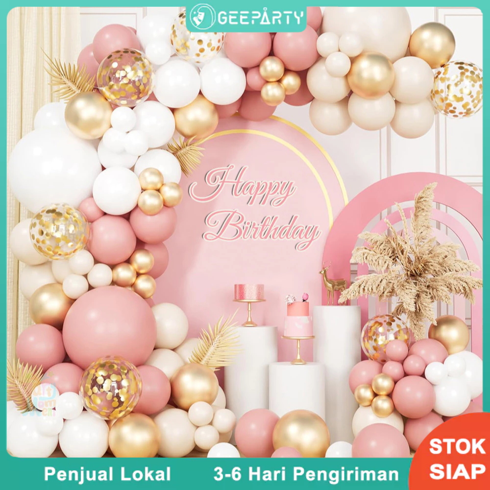 Jual 125 Pcs Dusty Merah Muda Gading Putih Emas Balon Retro Set Garland ...