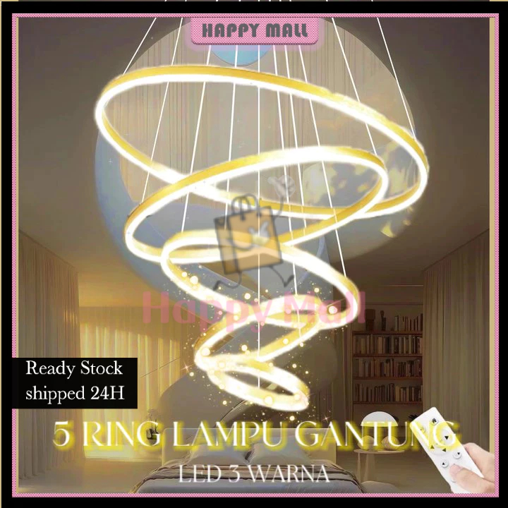 Jual 【LOWEST-PRICE】COD 5 RING Lampu Gantung LED 3 Warna 100cm GOLD 6 ...