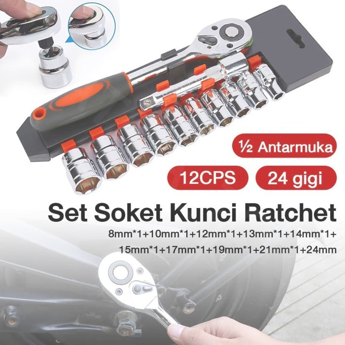 Jual Kunci Set 1/2inci Socket Sok 12pcs CR V Kunci Sok Wrench Rachet ...