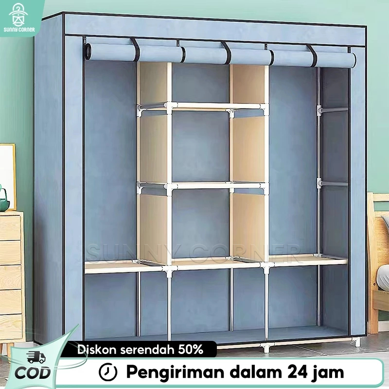 Jual Lemari Pakaian Kain Portable 3 Sisi 118CM Lemari Baju Kain Anti ...