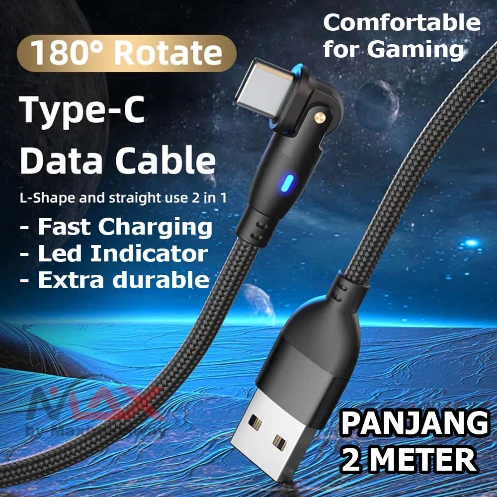 Jual AUFU Kabel Charger HP USB Type C panjang 2 meter L Shape USB TYPE ...