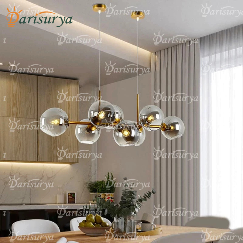Jual Lampu Gantung Minimalis Ruang Makan Mini Bar Modern LED Emas 8 Bola Kaca Abu-abu Lampu Hias ...